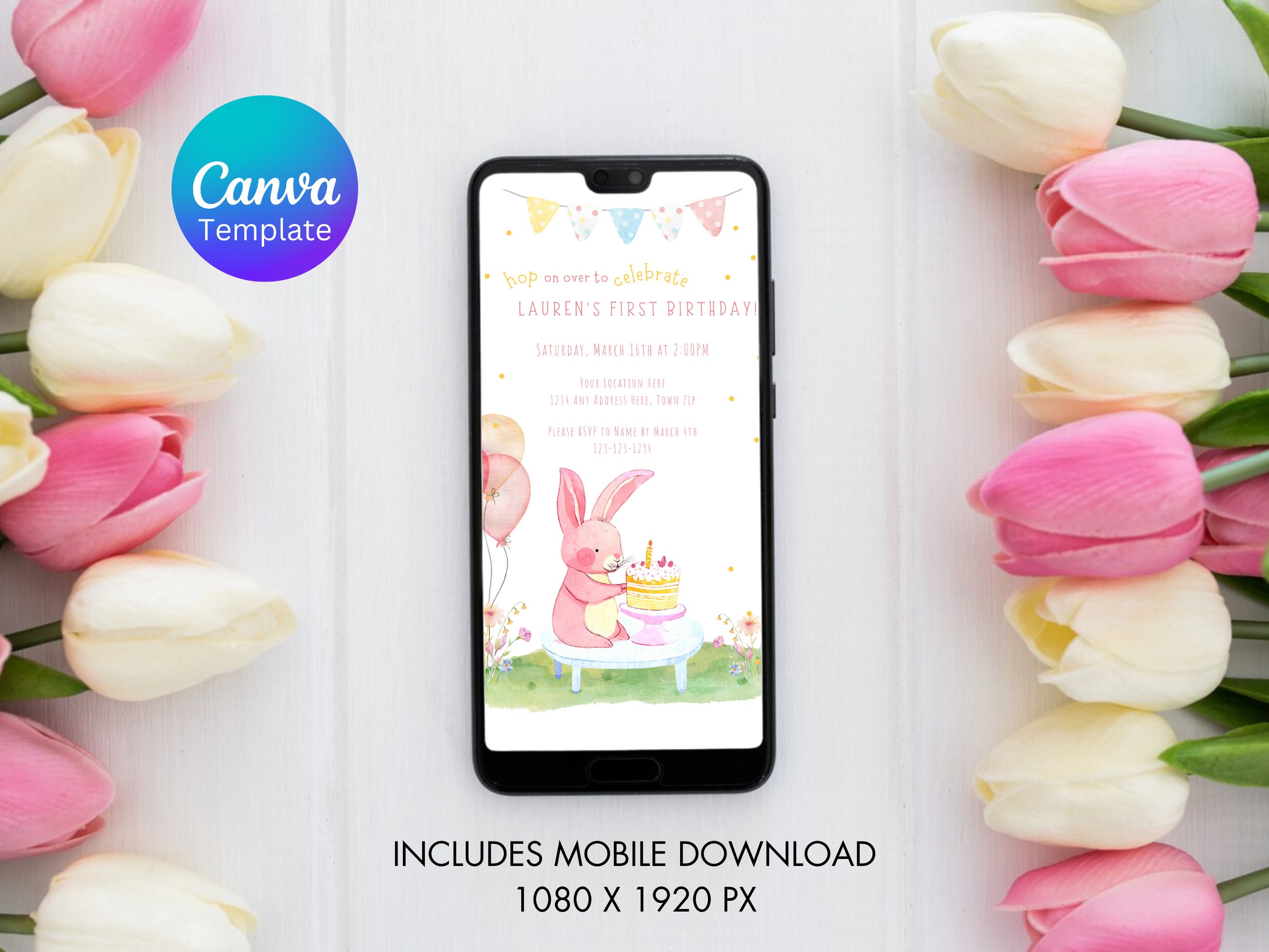 Editable Pink Bunny Birthday Invitation. Digital Download. Hop on Over ...