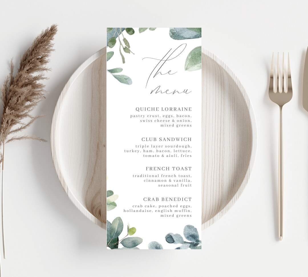 Greenery Menu Template, Eucalyptus Bridal Shower Menu, Boho Menu Cards ...
