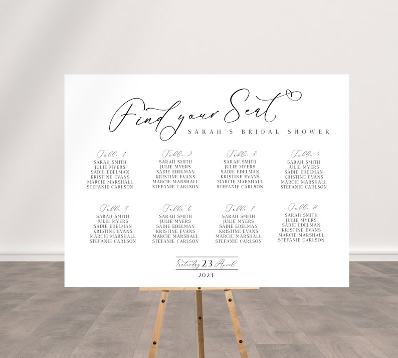 Editable Seating Chart, Bridal Shower Table Assignment Sign, Find Your ...