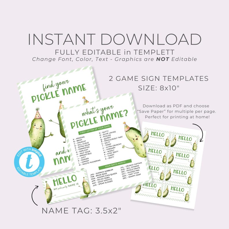 Pickle Name Game Printable With Name Tags, Pickle Party Theme Game, Big ...