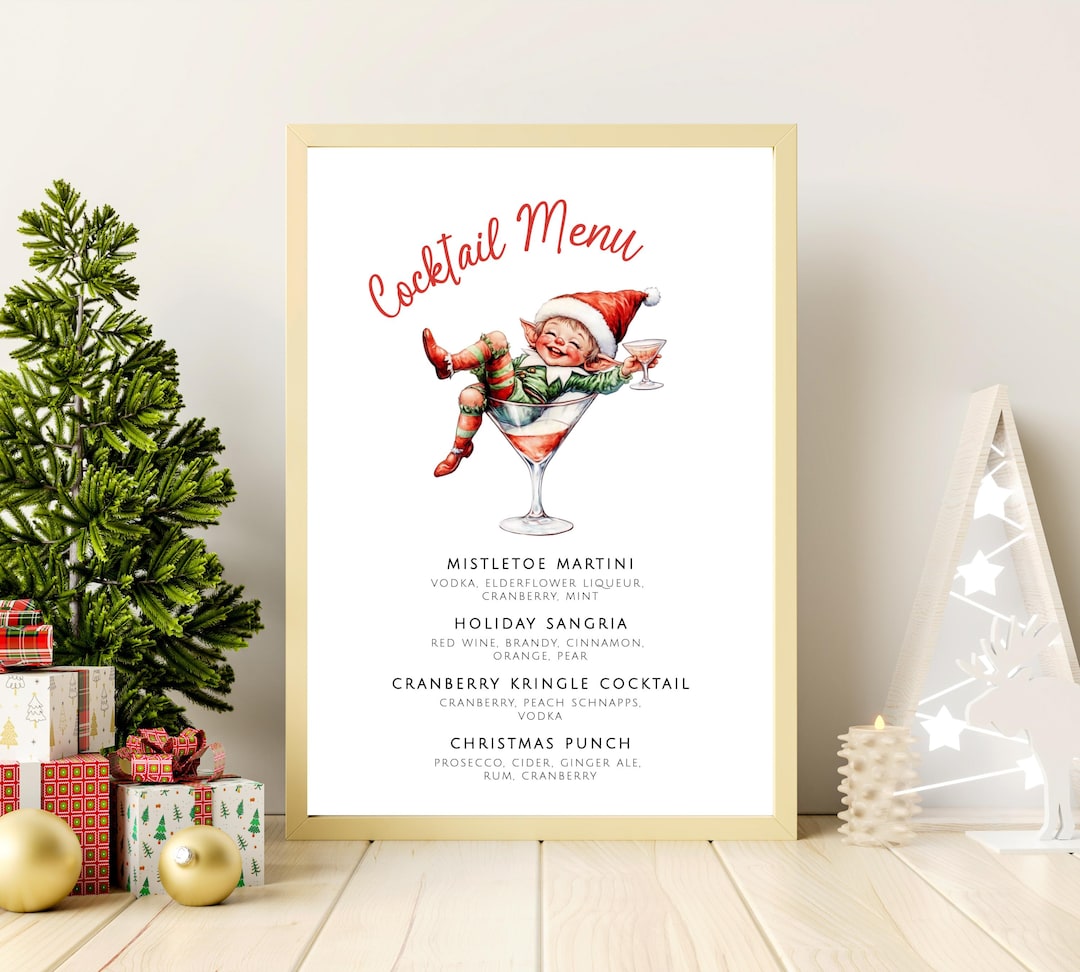 Tipsy Elf Christmas Cocktail Menu Sign Template, Holiday Party Bar ...