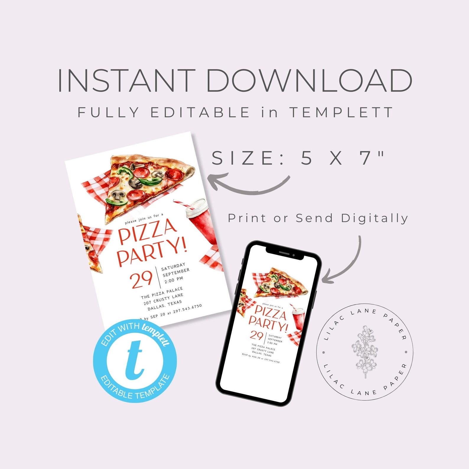 Pizza Party Invitation Template, Digital Pizza Party Invite, Editable ...