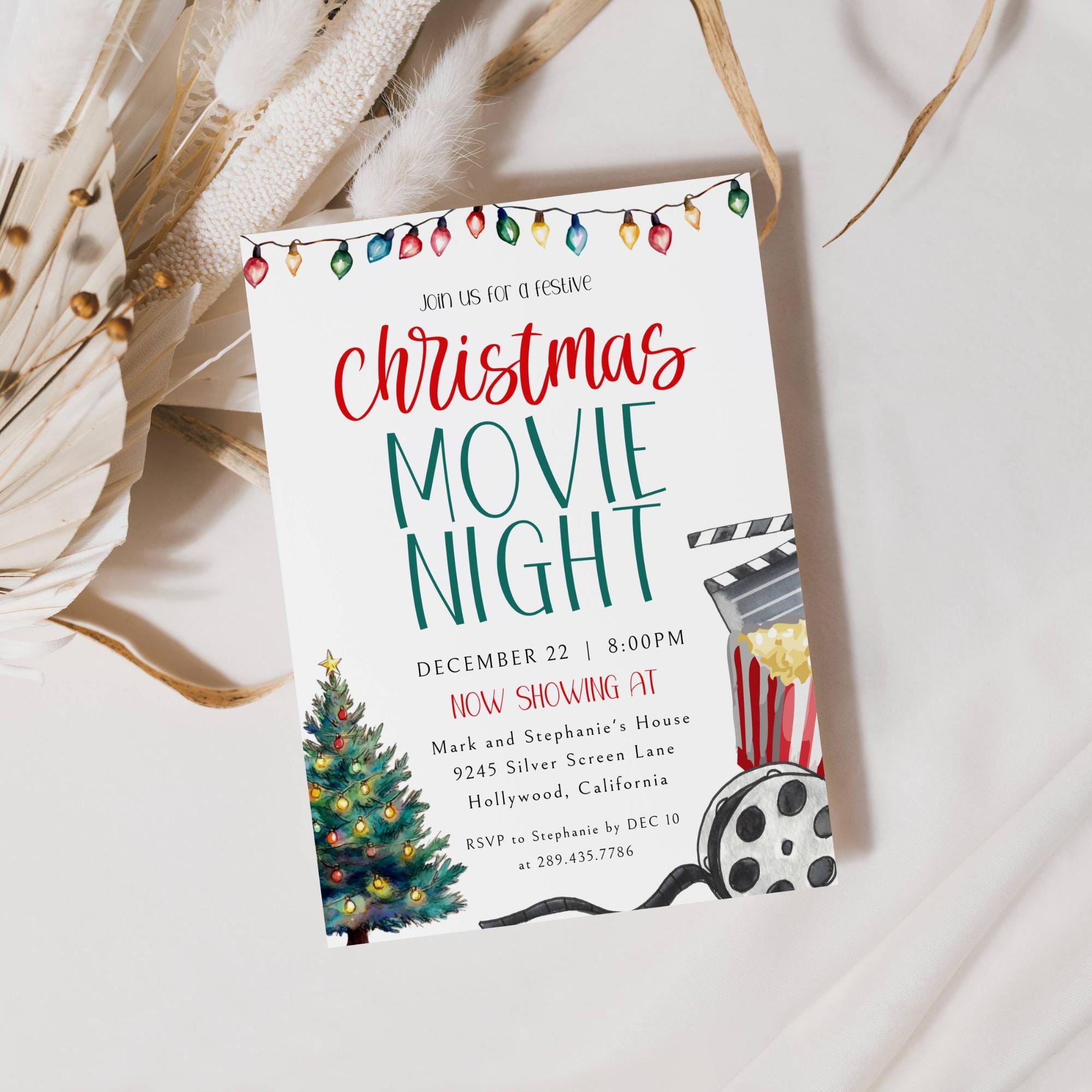 Christmas Movie Party Invitation Template Editable, Xmas Holiday Movie ...