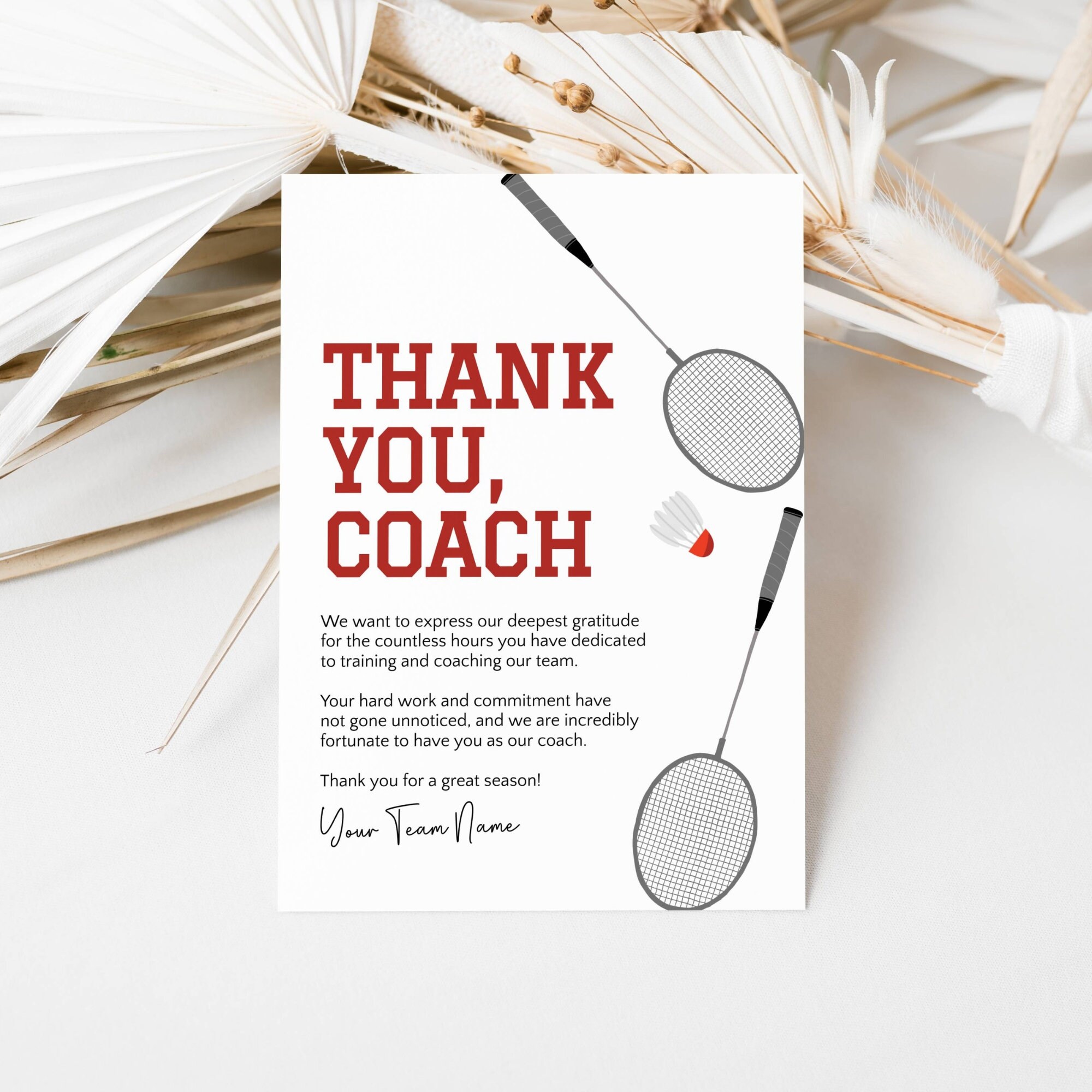Badminton Coach Thank You Card Template, Editable Thank You Coach ...