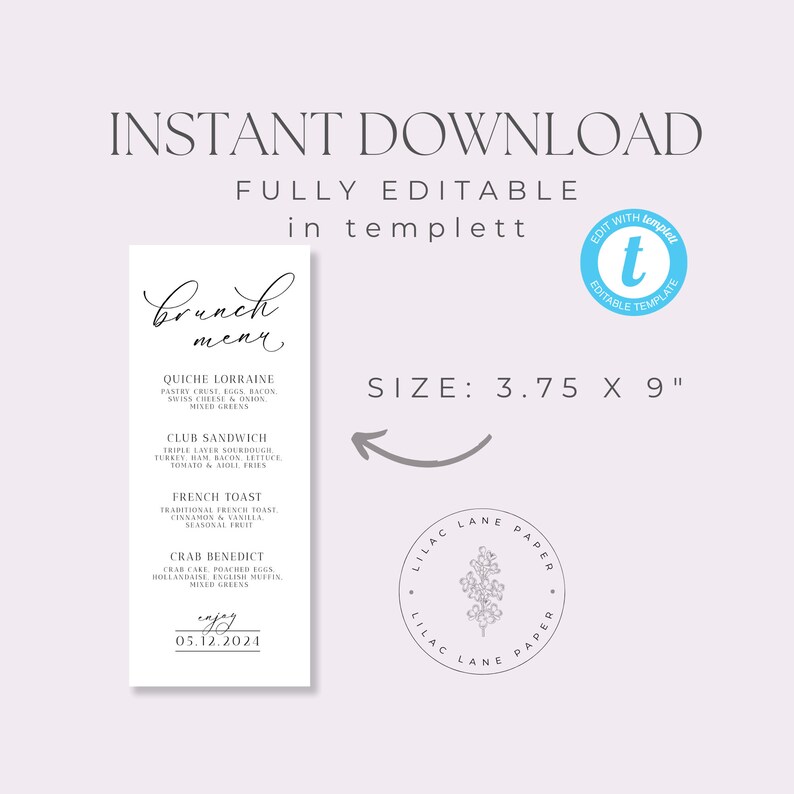 Editable Menu, Minimalist Brunch Menu Template, Instant Download ...