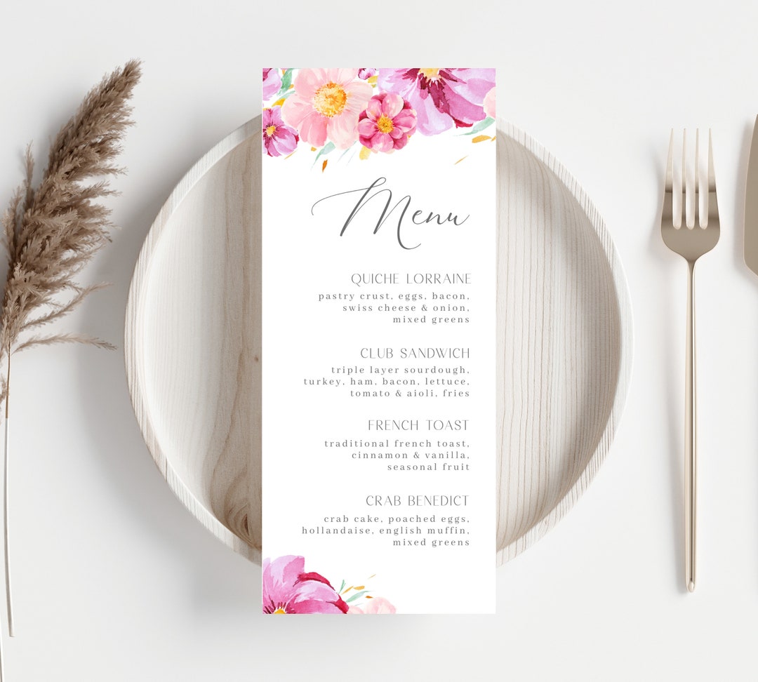 Menu Card Template, Bridal Shower Menu Floral, Brunch Menu Printable ...