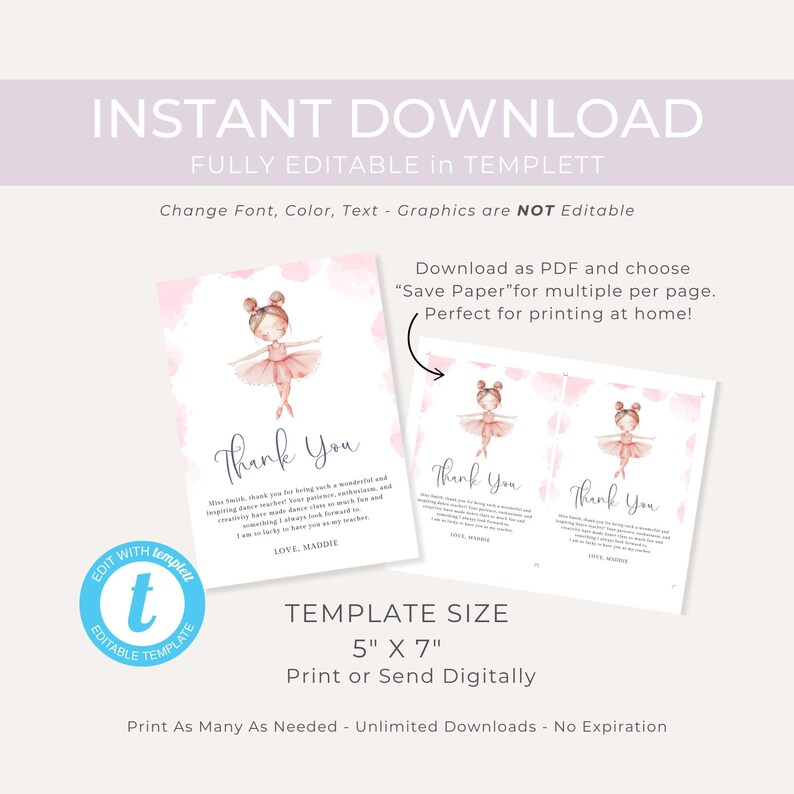 Dance Teacher Thank You Card Template, Ballet Thank You Card, Editable ...