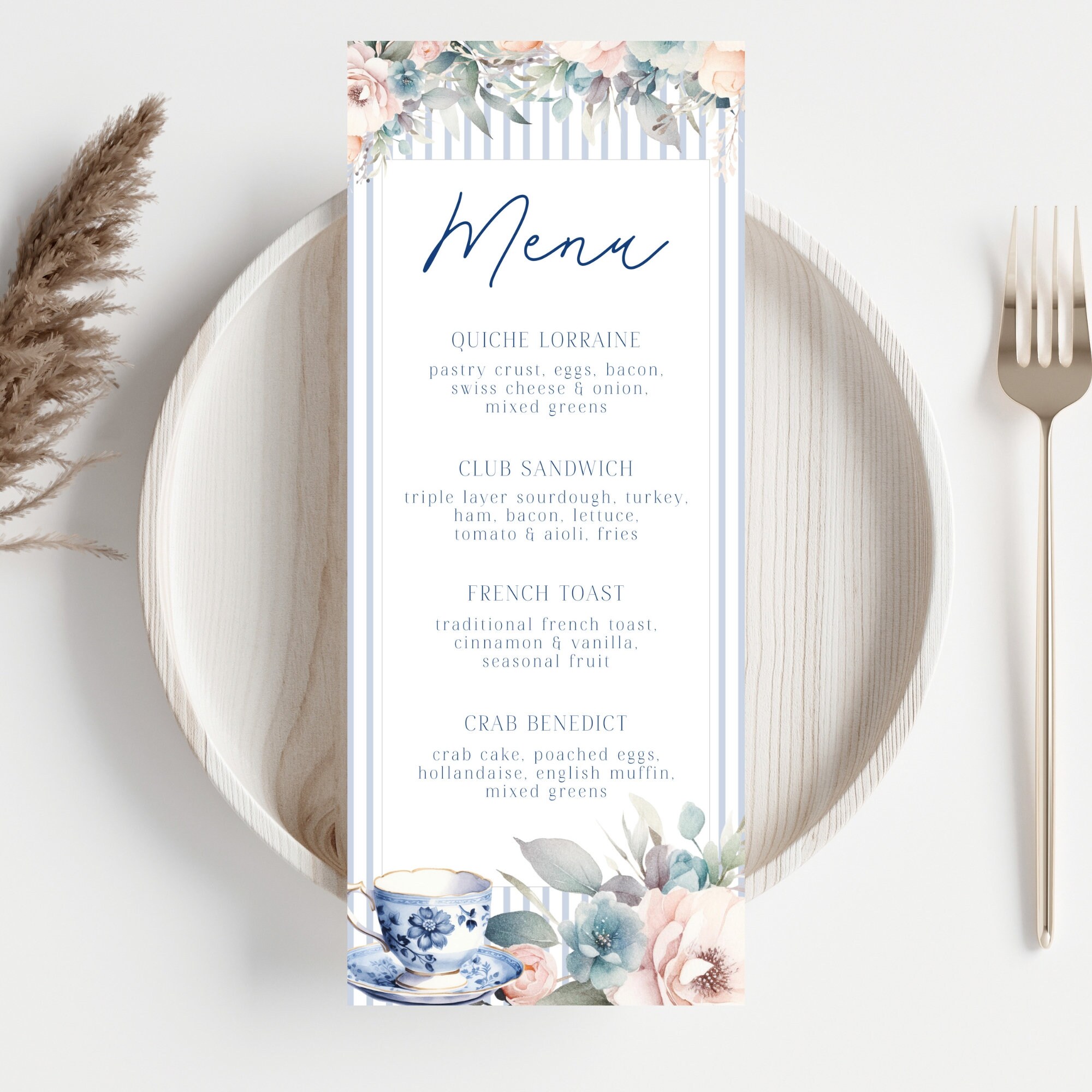 Tea Party Menu Template, Printable Menu Card, Bridal Shower Menu ...