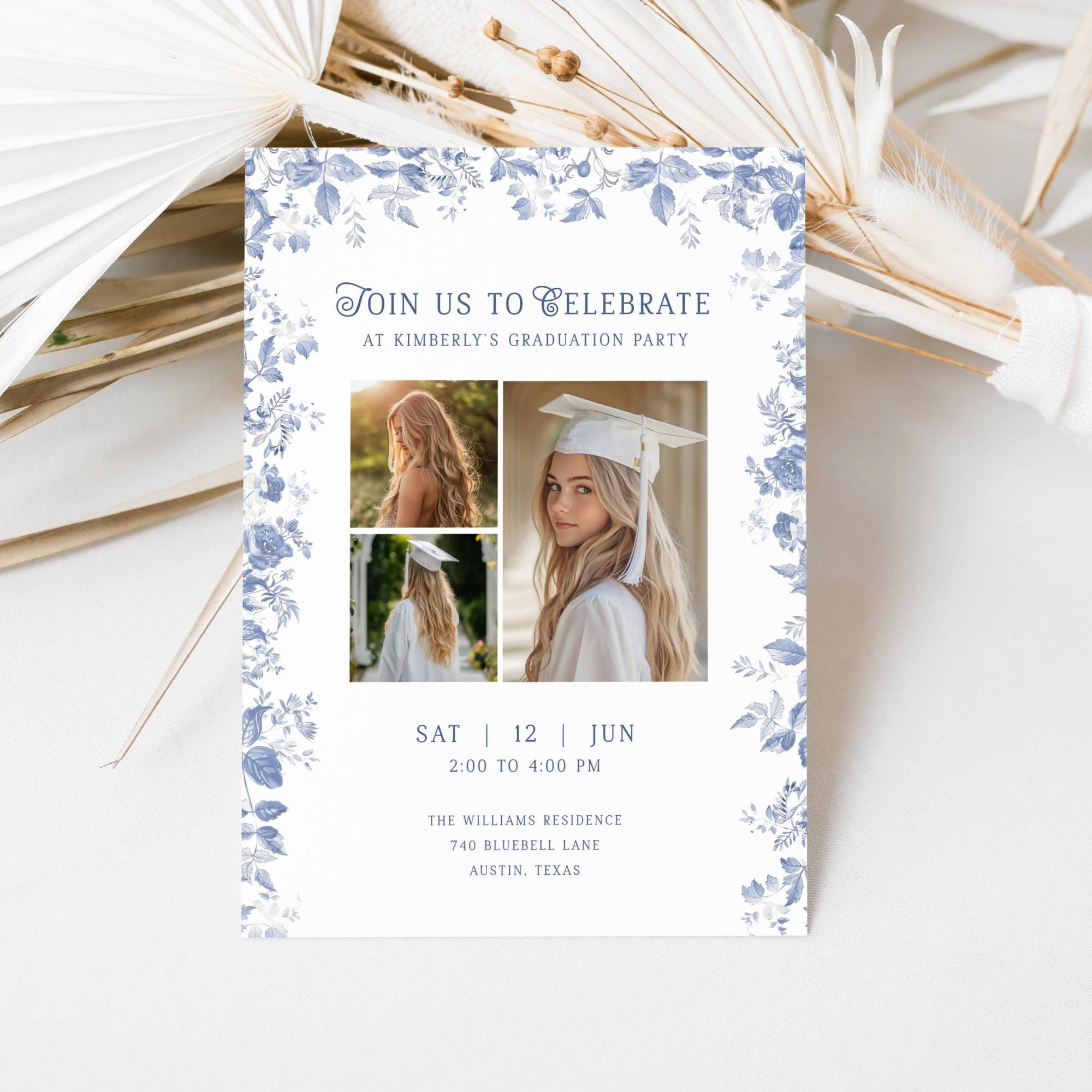 Blue Toile Graduation Party Invite Template, Dusty Blue Floral Grad ...