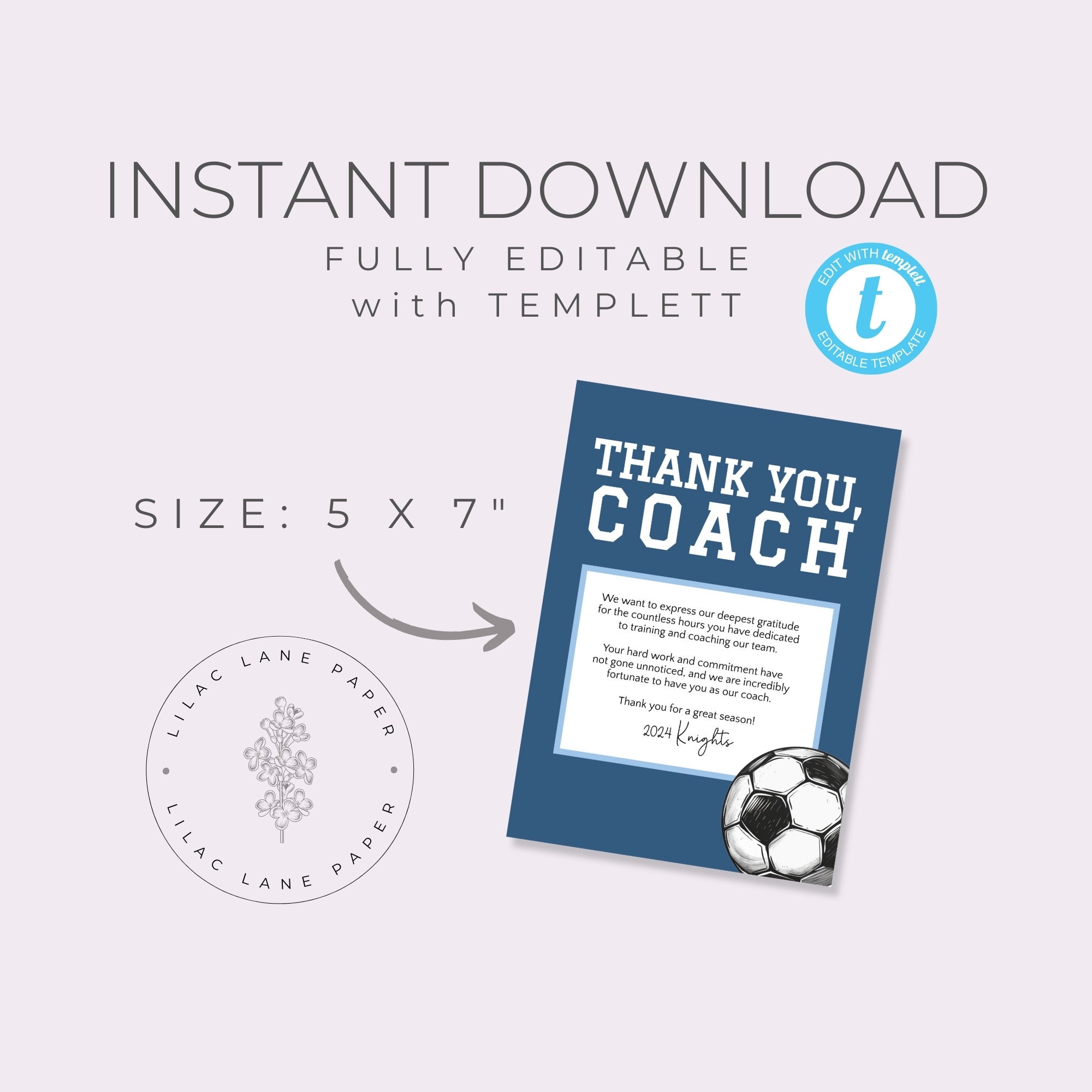Soccer Coach Thank You Card Template, Thank You Coach Card Editable ...