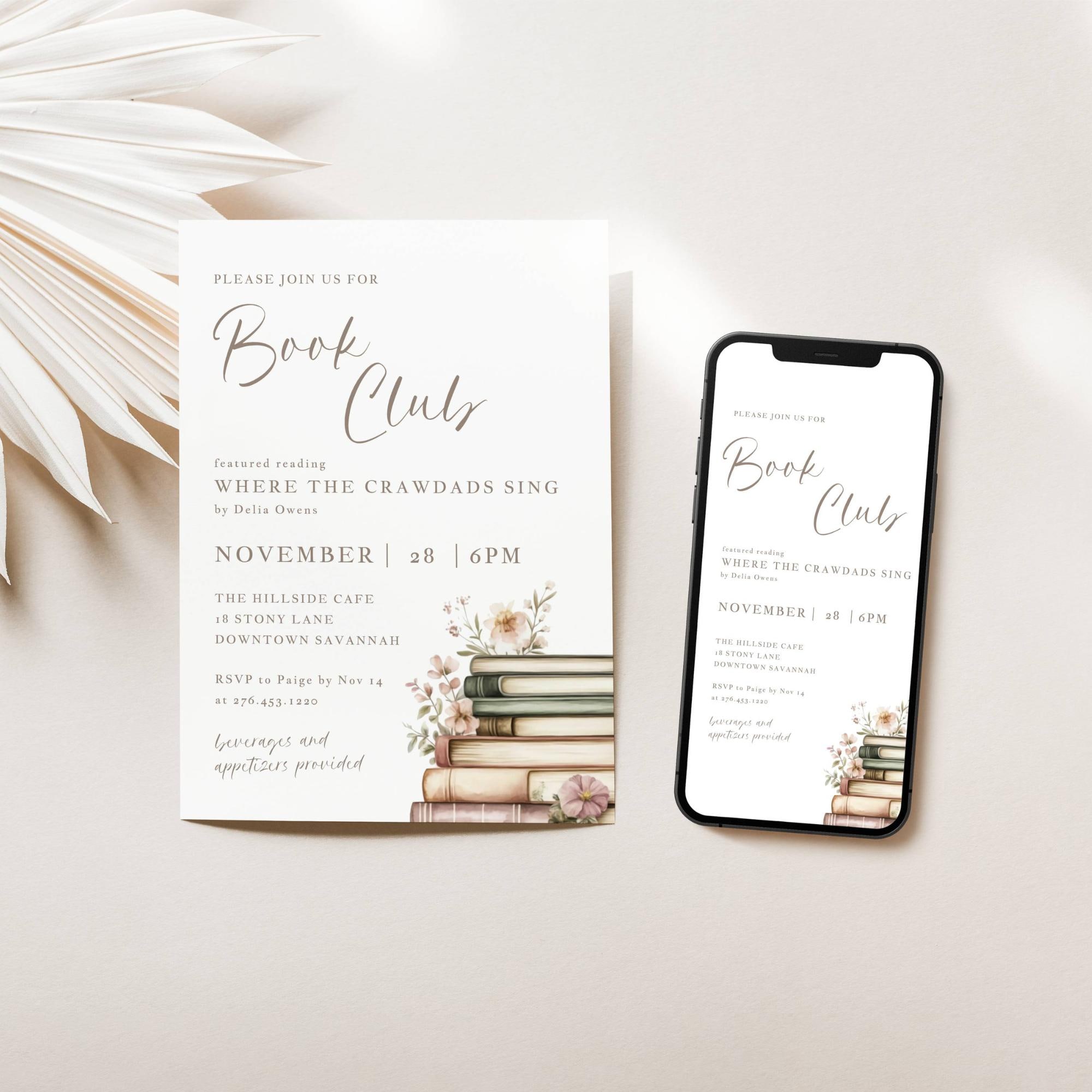 Book Club Invite Template, Cottagecore Invite Digital Book Club, Womens ...