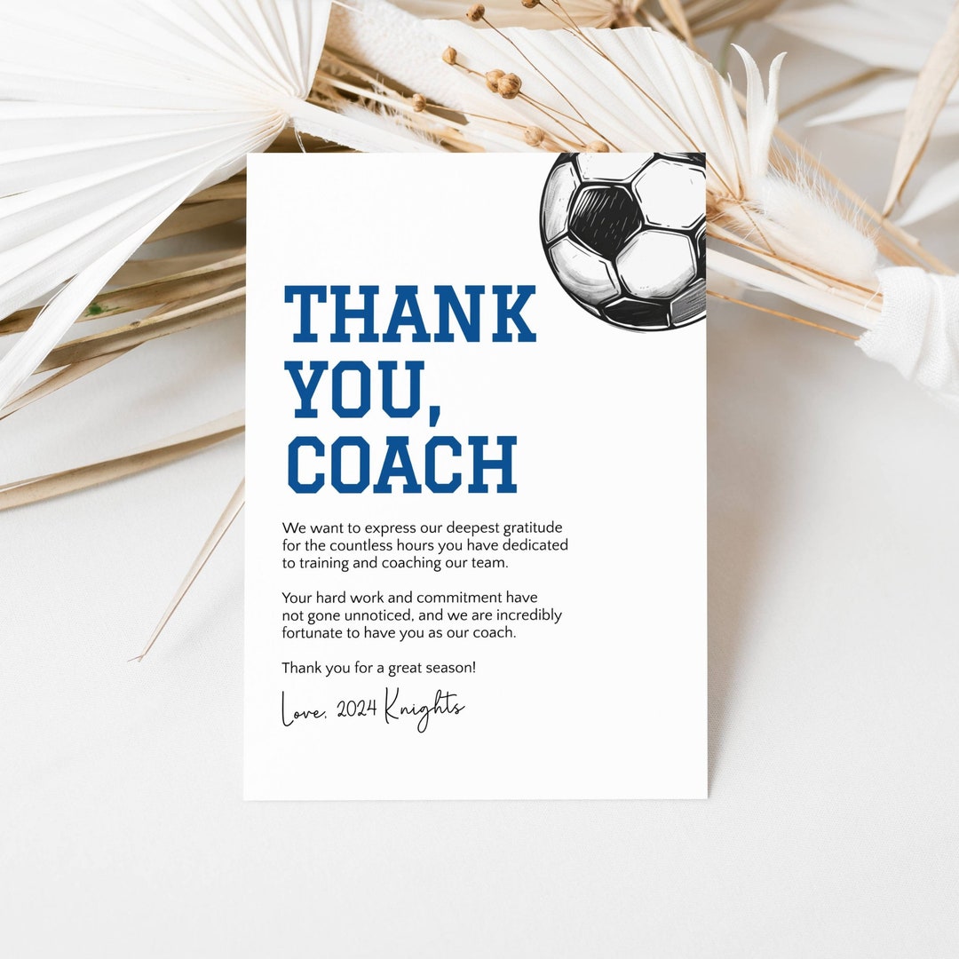 Soccer Coach Thank You Card Printable, Thank You Card for Soccer Coach ...