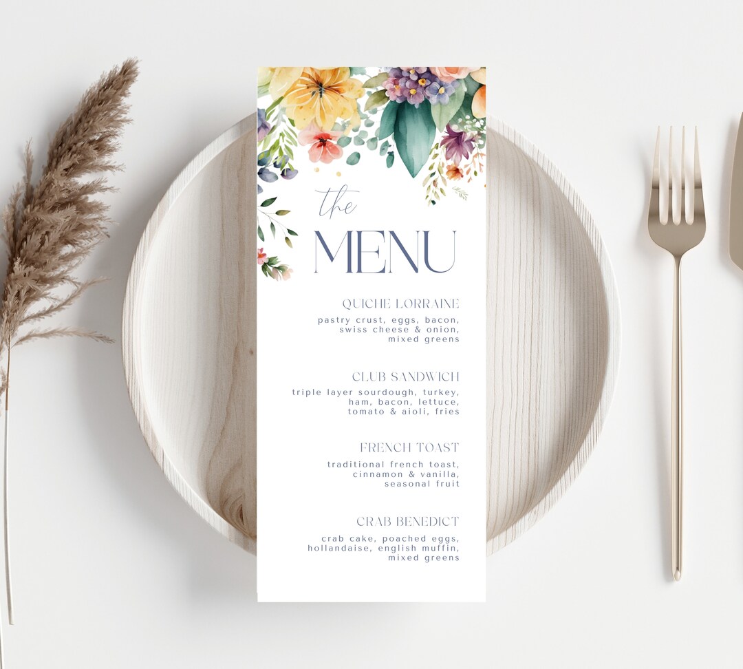 Floral Menu Card Template, Bridal Shower Menu Printable Editable, Baby ...