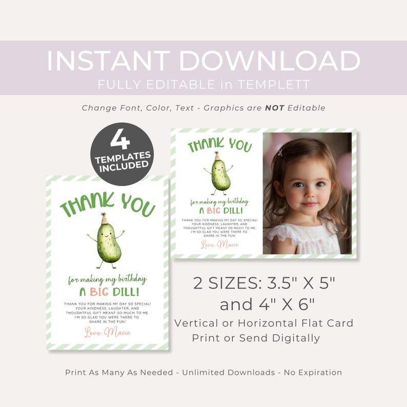 Pickle Birthday Thank You Card, Printable Thank You Editable, Dill ...