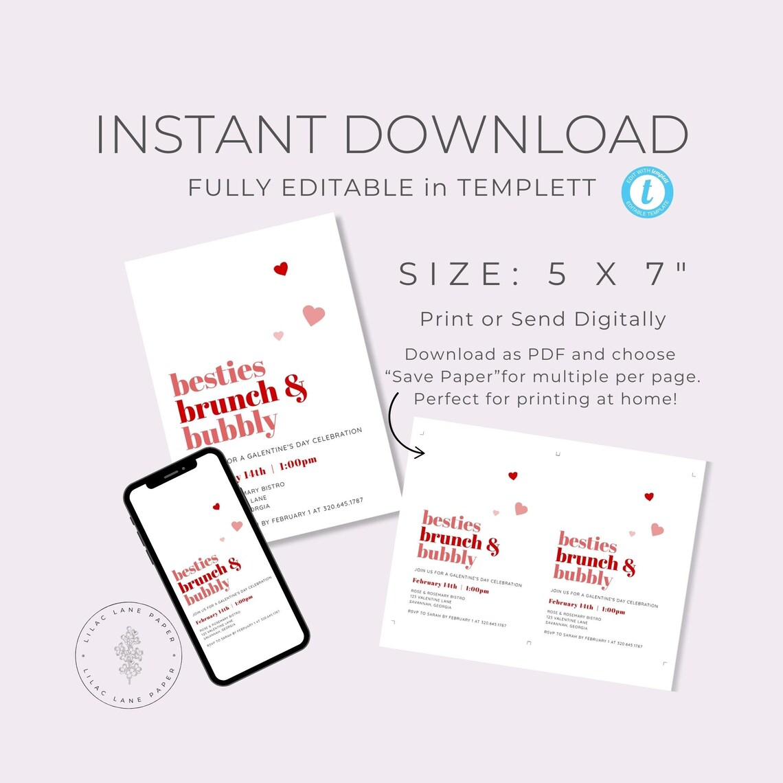 Galentine's Day Brunch Invite Template, Valentine's Day Brunch Editable ...