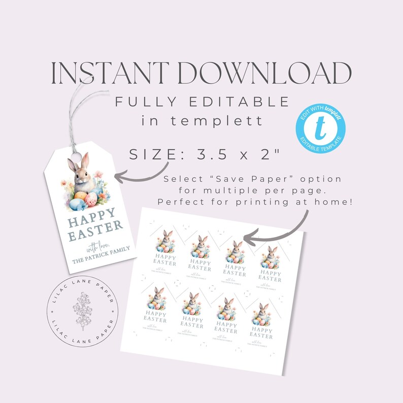 Easter Bunny Gift Tag Printable Editable, Happy Easter Tag Instant ...