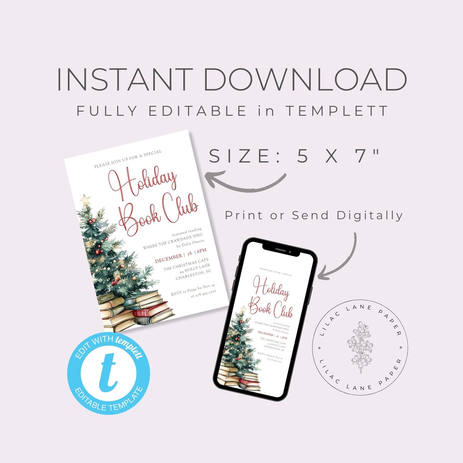 Book Club Christmas Invite Template, Holiday Book Club Digital, Womens ...