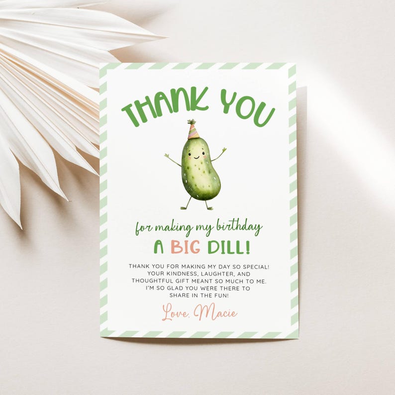 Pickle Birthday Thank You Card, Printable Thank You Editable, Dill ...