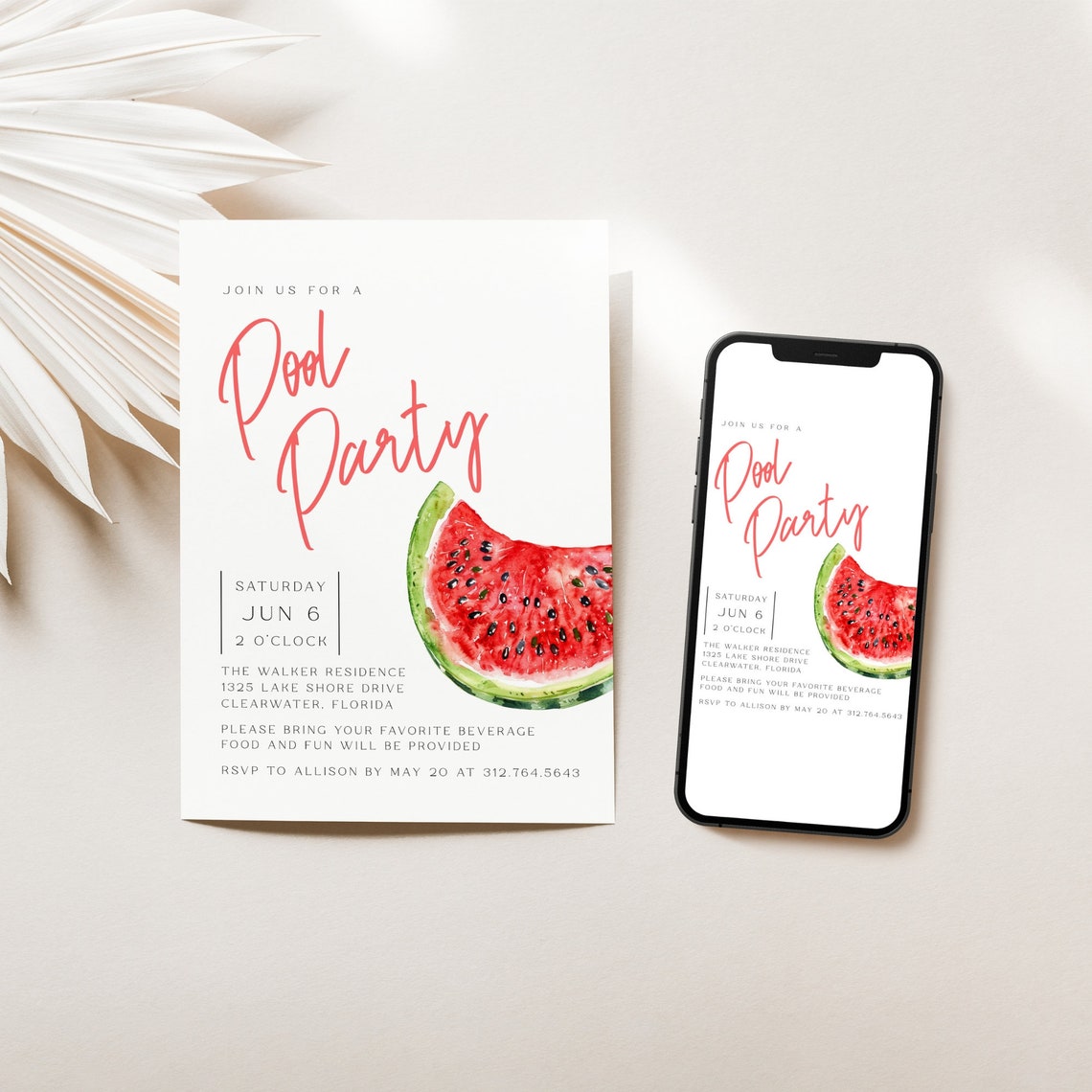 Watermelon Pool Party Invitation Template, Swim Party Invite Editable ...