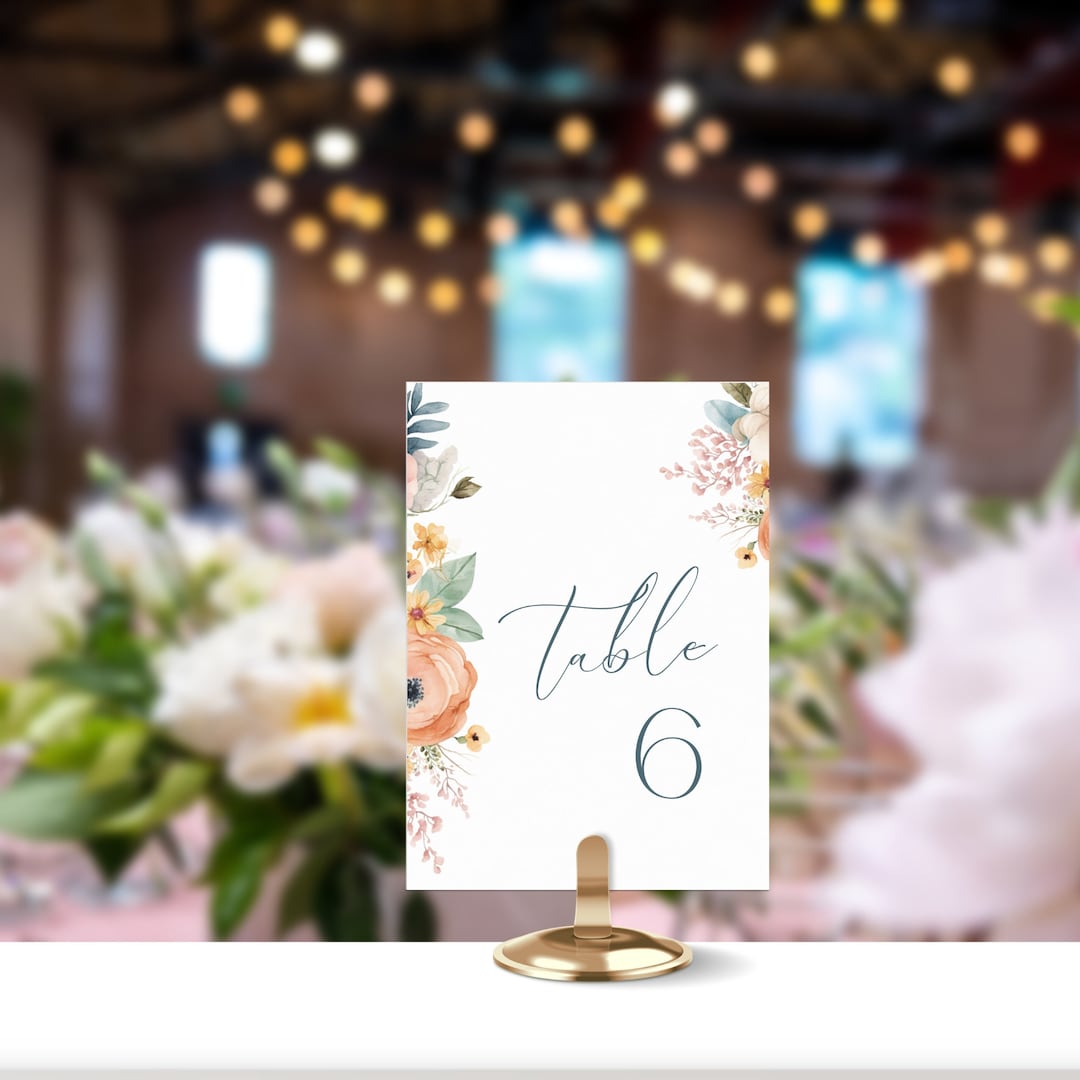 Table Number Printable, Orange Watercolor Floral Bridal Shower Table ...