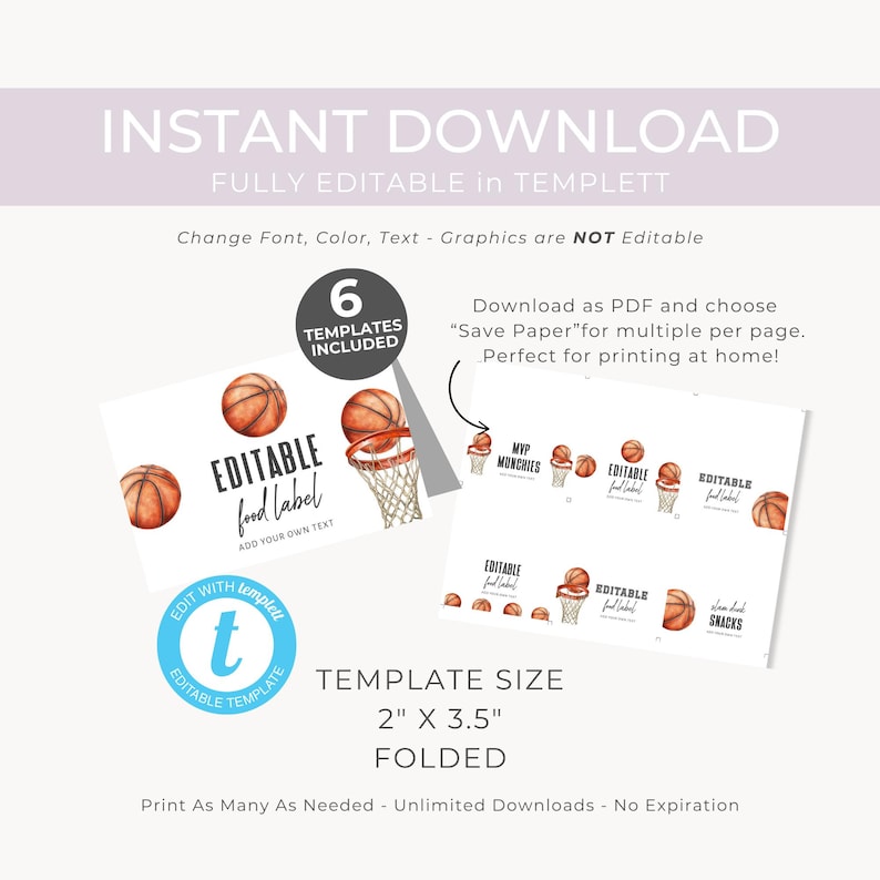 Basketball Party Food Labels, Editable Snack Table Tent Cards, Slam ...