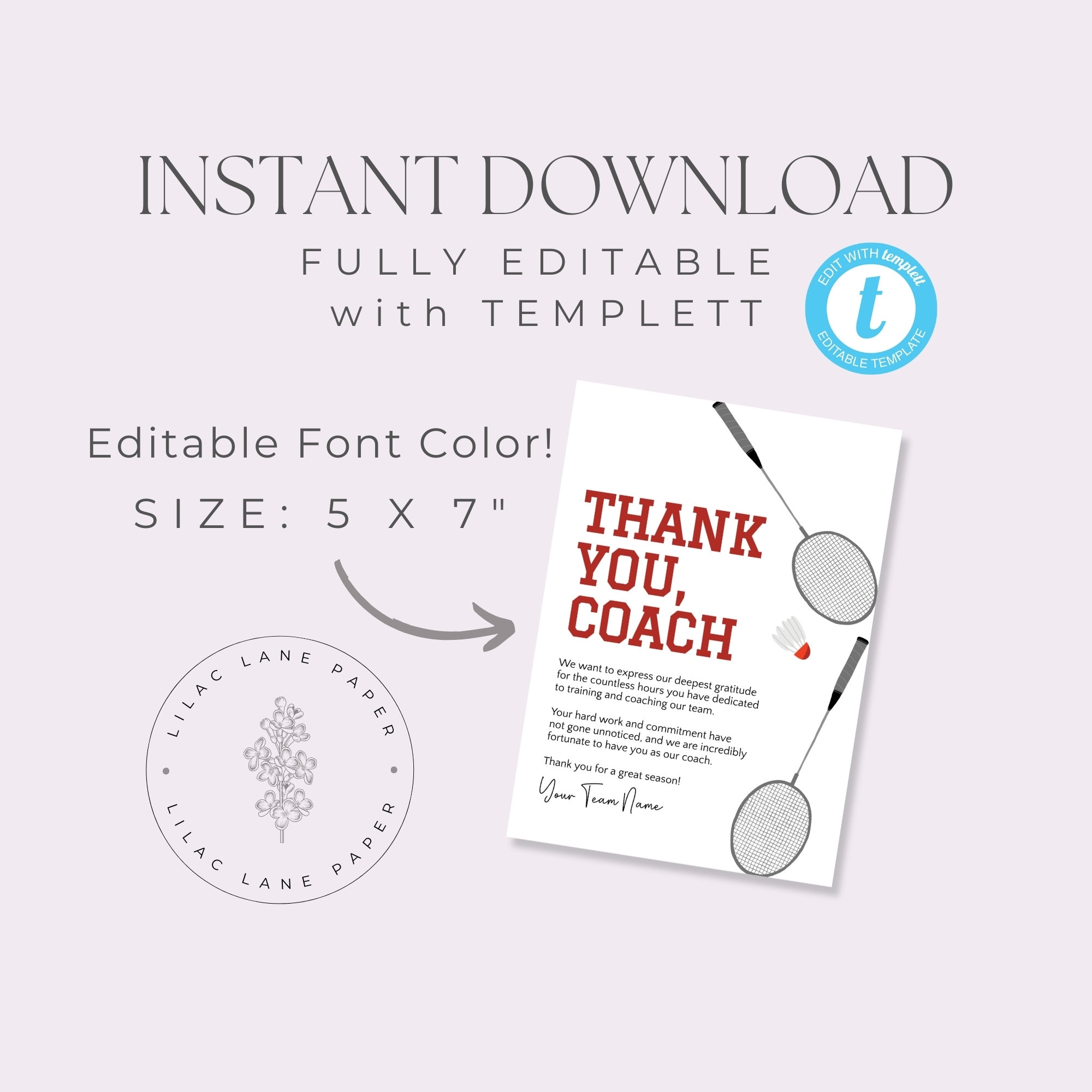 Badminton Coach Thank You Card Template, Editable Thank You Coach ...