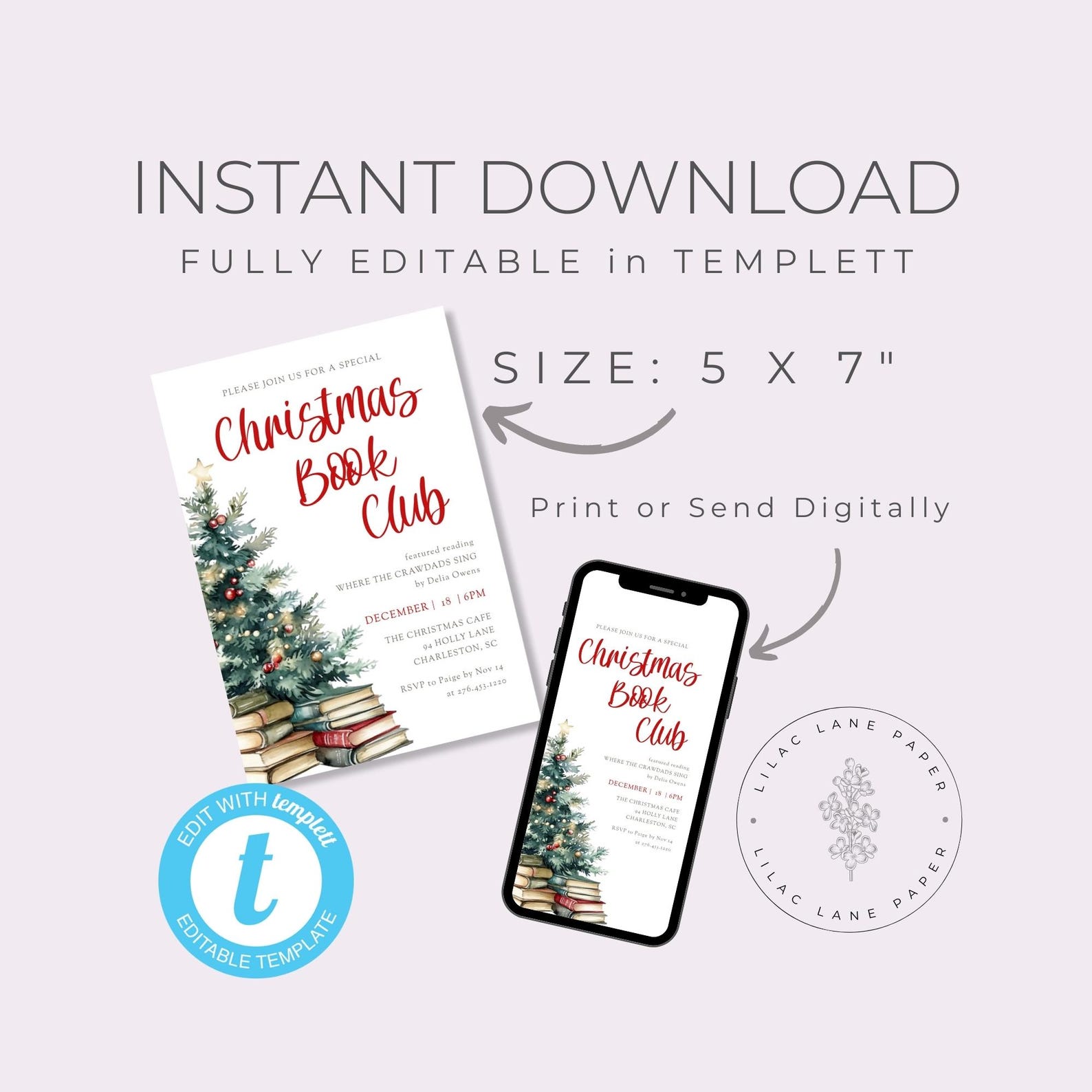 Christmas Book Club Invite Template, Book Club Christmas Digital ...