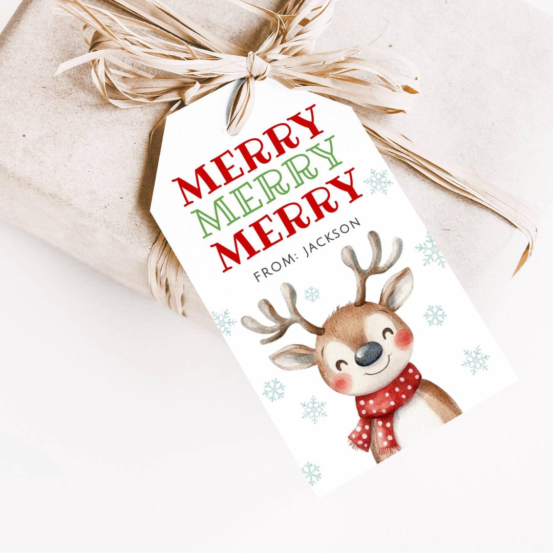 Christmas Gift Tag Reindeer, Merry Merry Merry Gift Tag, Printable Gift ...
