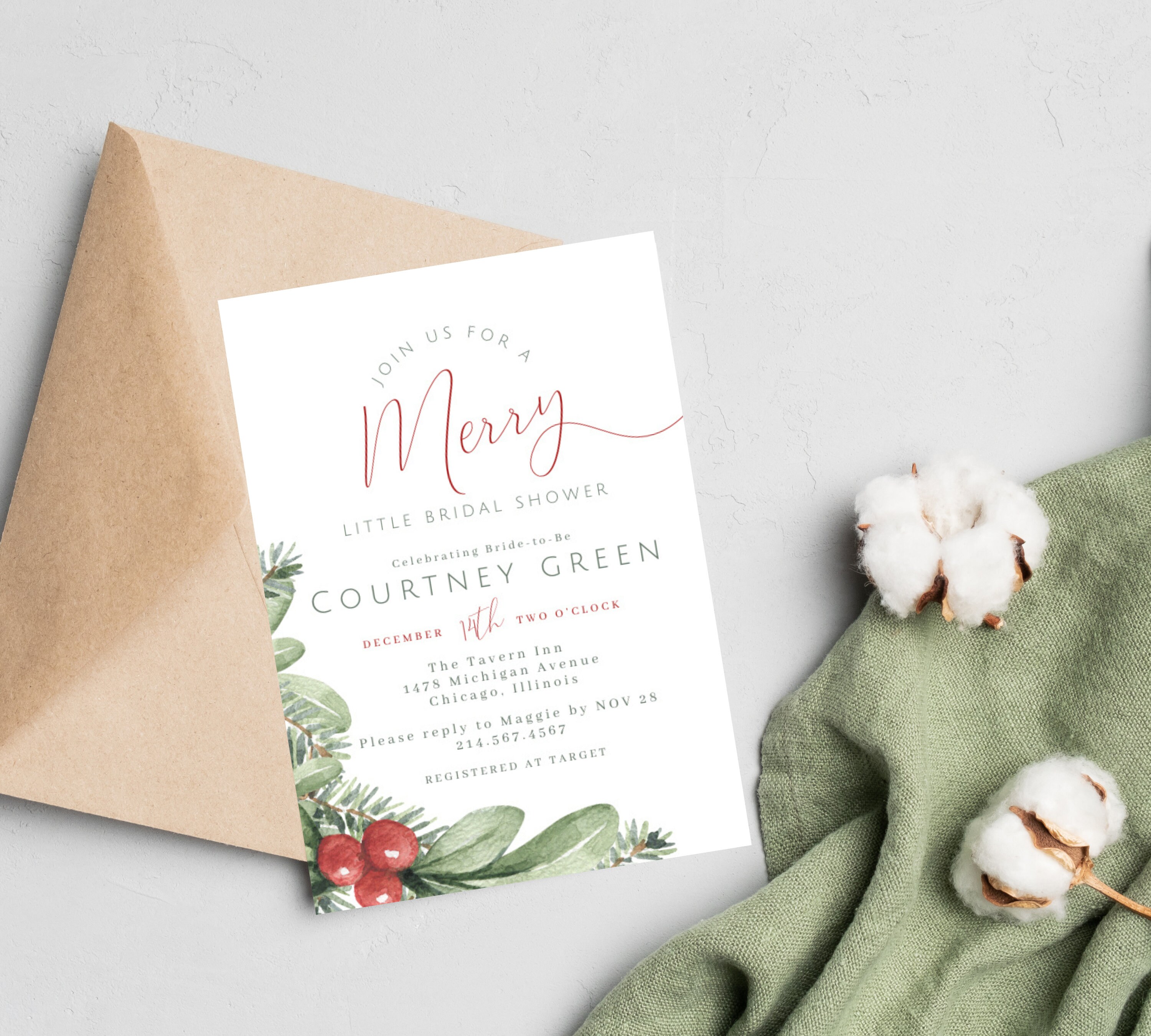 Merry Little Bridal Shower Invite, Christmas Shower Invitation, Instant ...