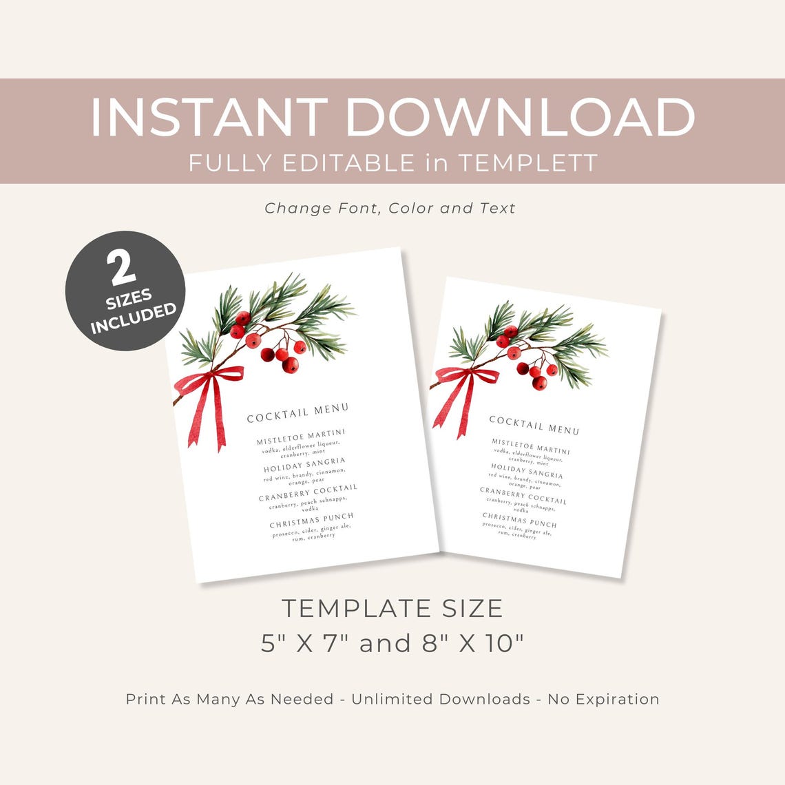 Christmas Cocktail Menu Sign Template, Cocktail Menu Xmas, Holiday ...