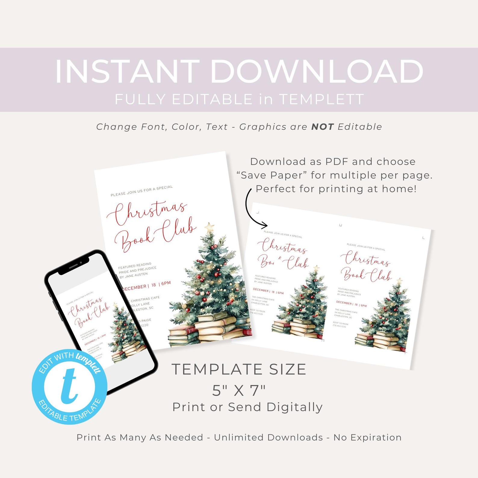 Christmas Book Club Invite Template, Book Club Christmas Digital ...