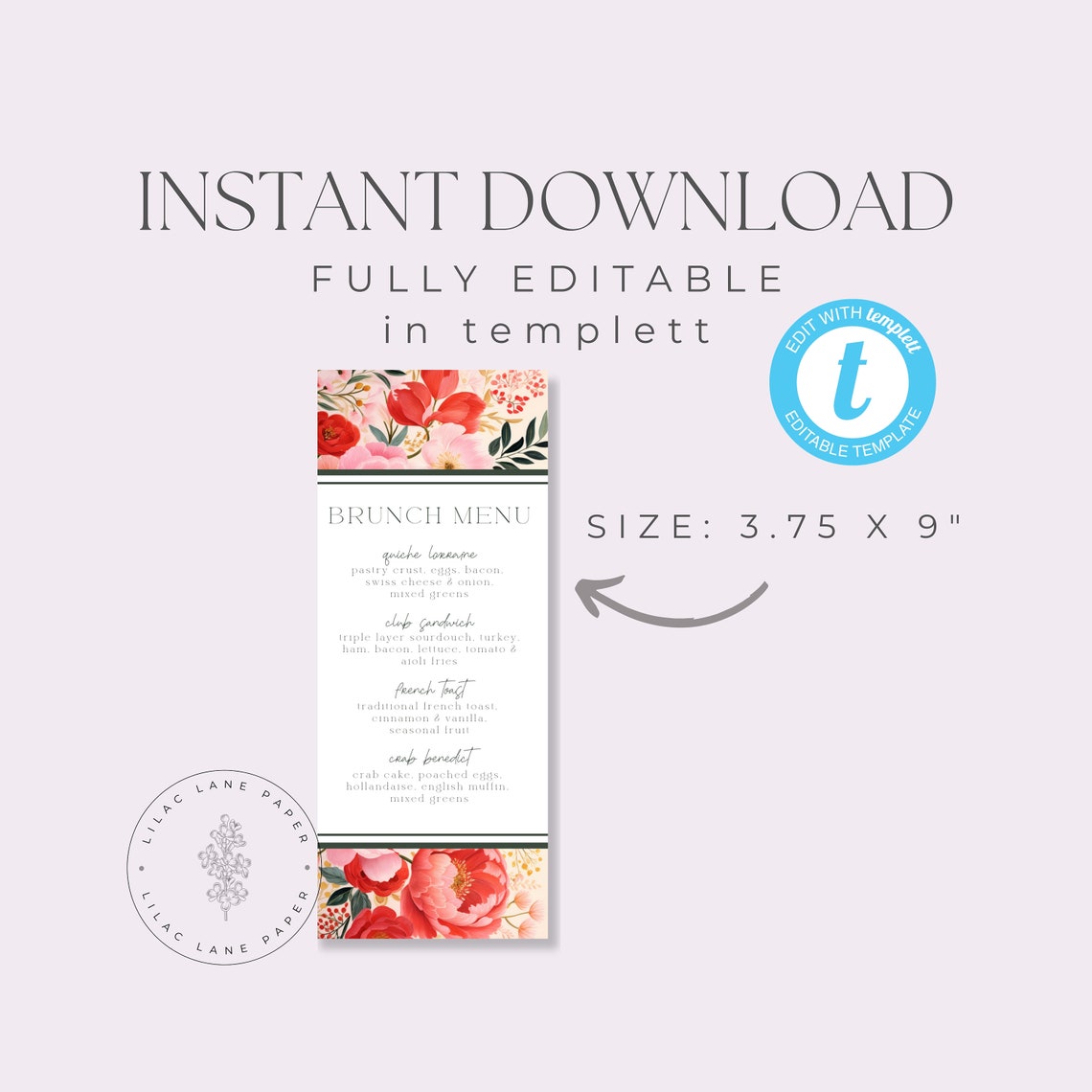 Bright Floral Menu Card Template, Printable Menu, Bridal Shower Menu ...
