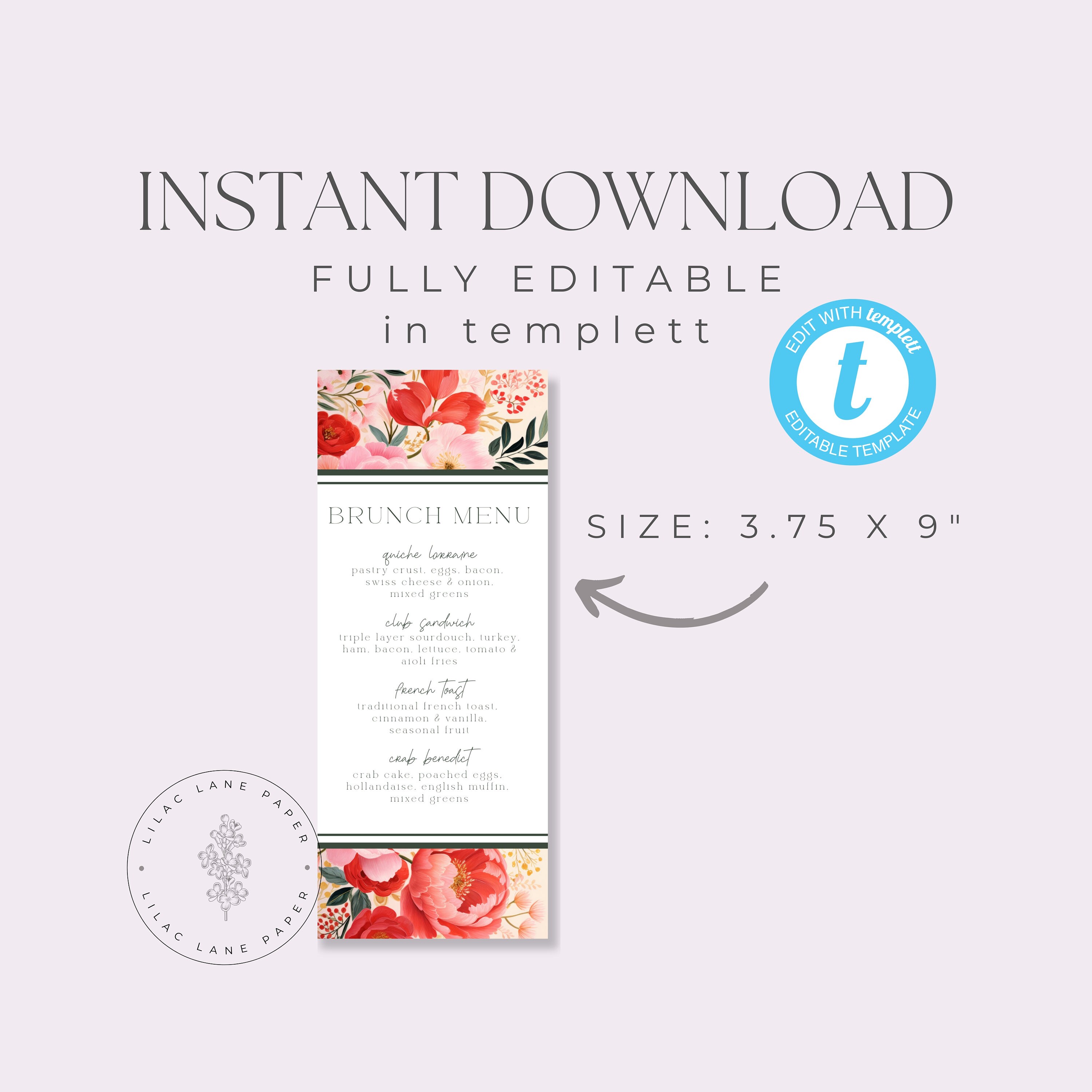 Bright Floral Menu Card Template, Printable Menu, Bridal Shower Menu ...