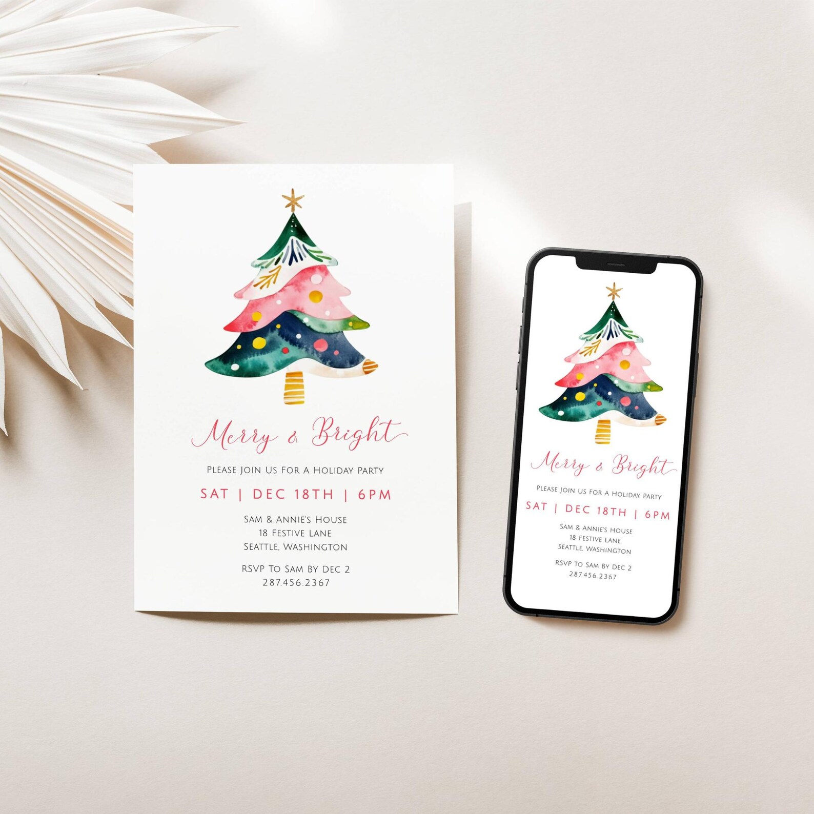 Pink Christmas Party, Merry and Bright Minimalist Invite Editable ...