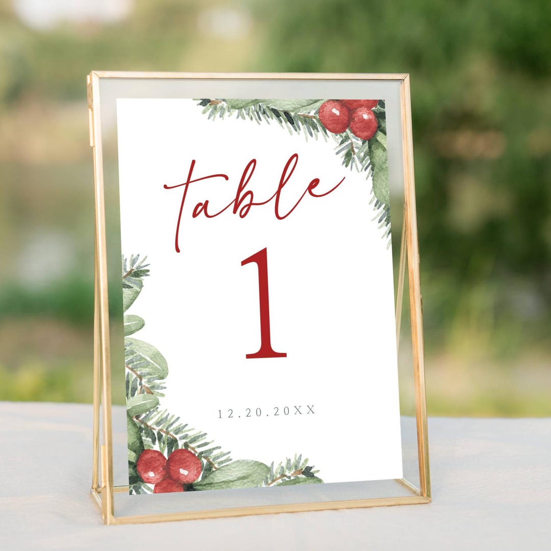 Christmas Table Number Template: Holiday Wedding Sign, Editable Winter ...