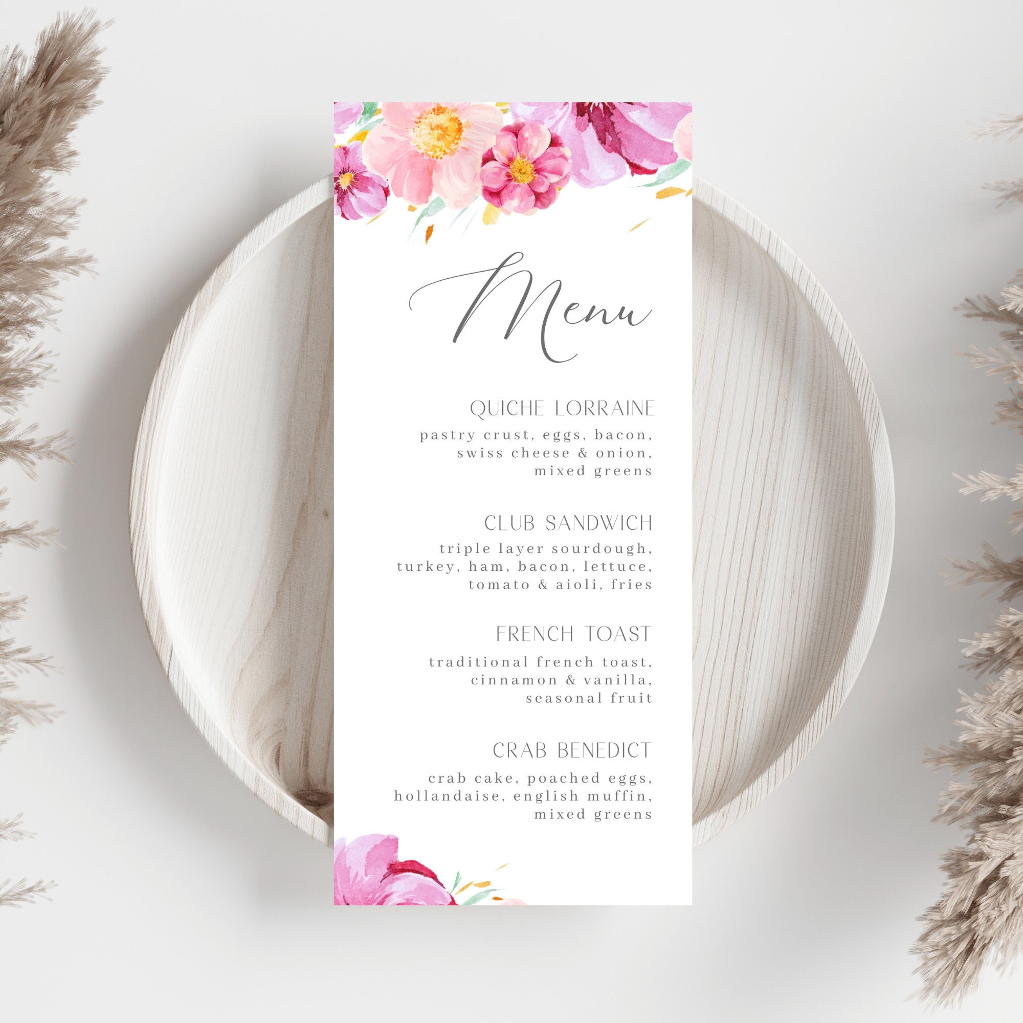 Menu Card Template, Bridal Shower Menu Floral, Brunch Menu Printable ...