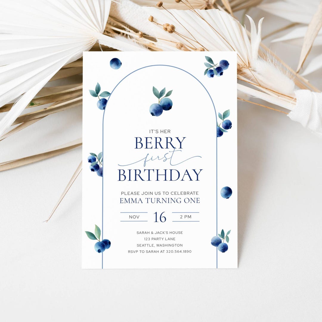 Blueberry Theme Birthday Invitation, Berry First Birthday Party Invite ...