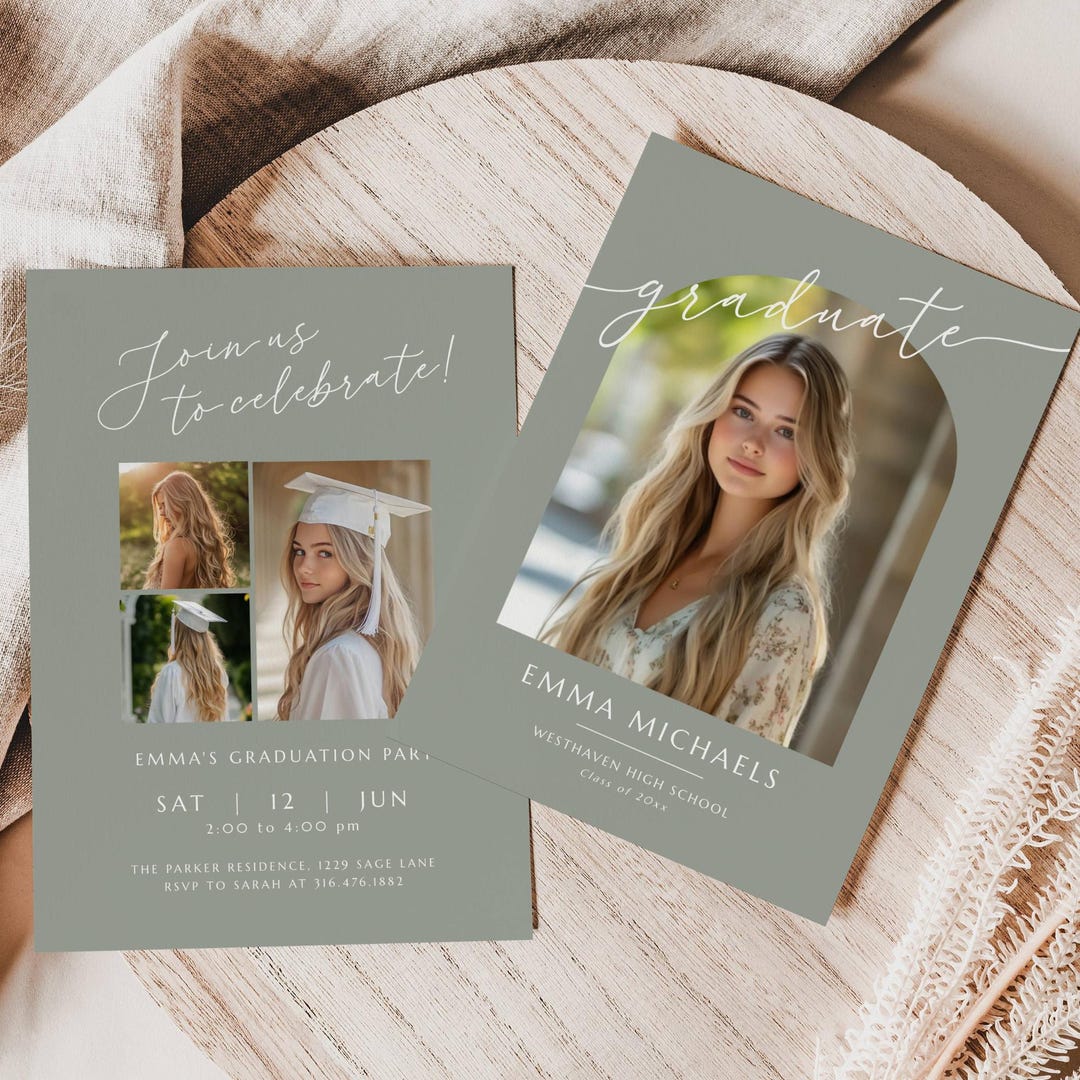 Modern Graduation Party Invite Template, Sage Green Grad Announcement ...