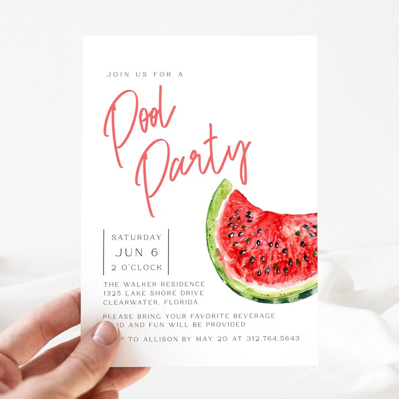 Watermelon Pool Party Invitation Template, Swim Party Invite Editable ...