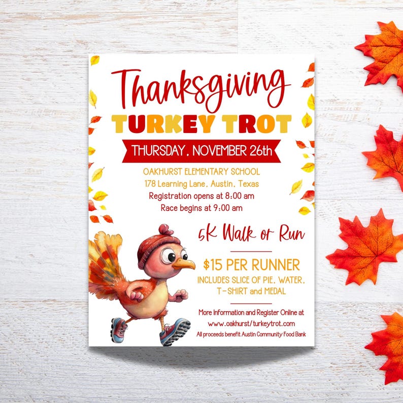 Turkey Trot Flyer, Thanksgiving Fun Run, Thanksgiving 5K Run Walk ...