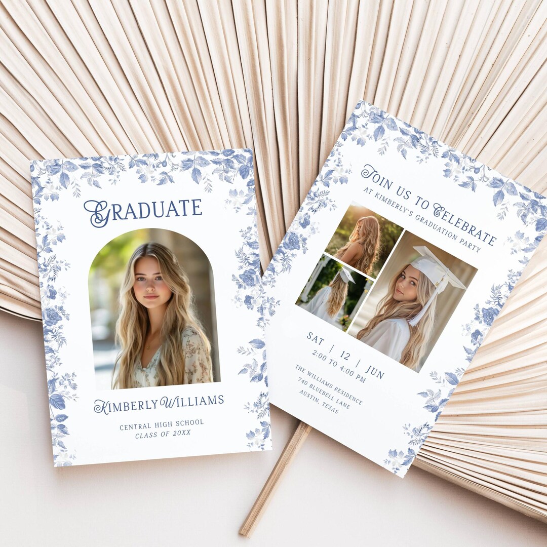 Blue Toile Graduation Party Invite Template, Dusty Blue Floral Grad ...