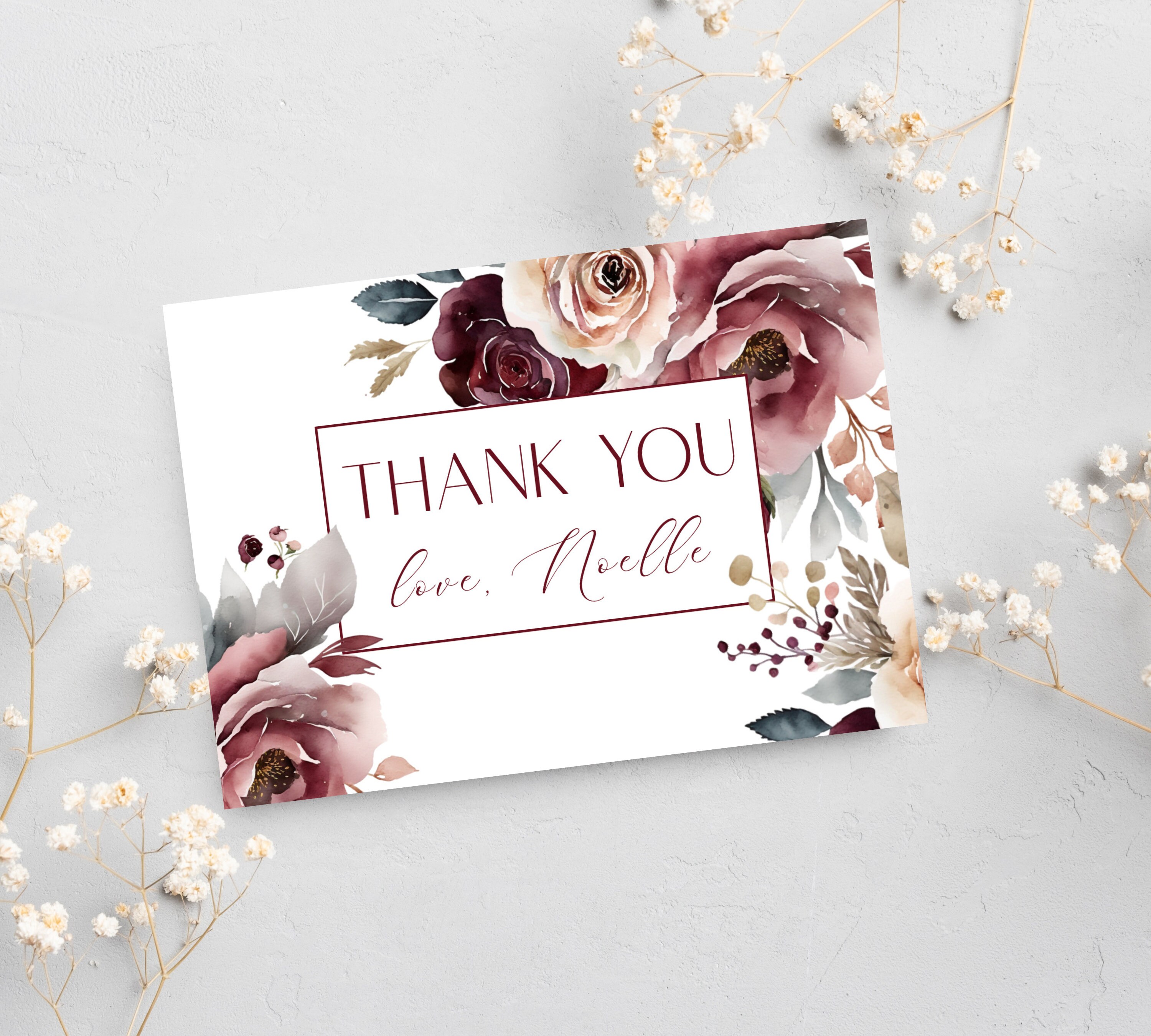 Thank You Card, Bridal Shower Thanks, Burgundy Bridal Shower, Winter ...