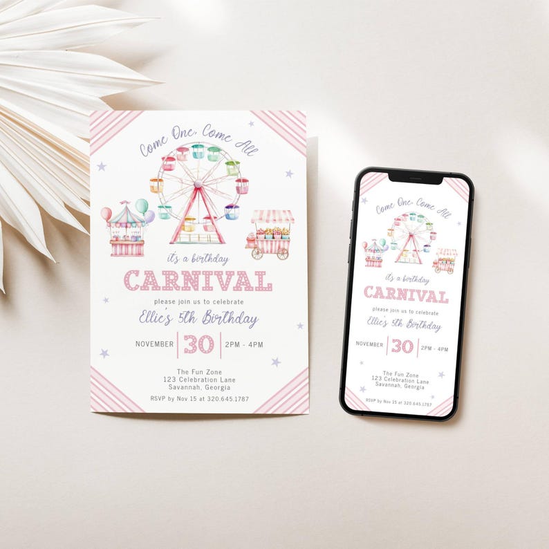 Pastel Carnival Invitation, Carnival Birthday Invite, Pink Birthday ...