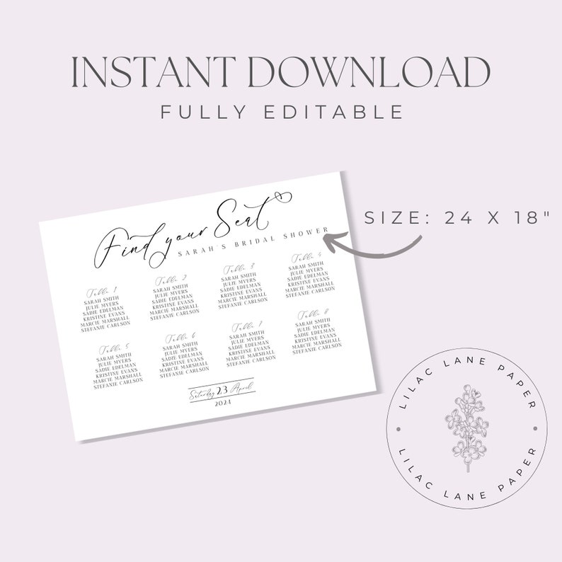 Editable Seating Chart, Bridal Shower Table Assignment Sign, Find Your ...