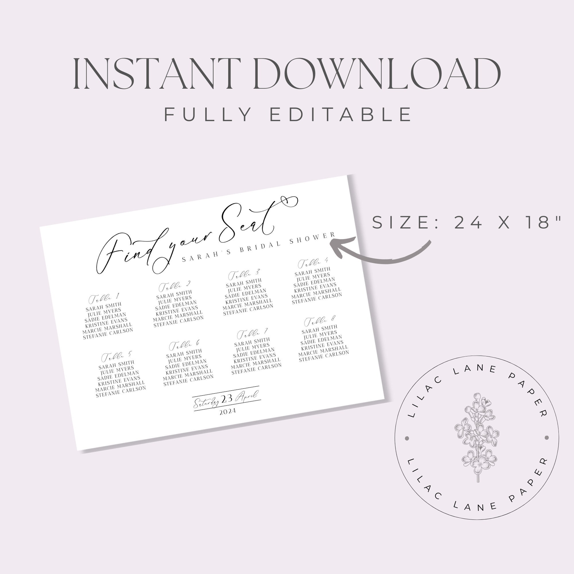 Editable Seating Chart, Bridal Shower Table Assignment Sign, Find Your ...