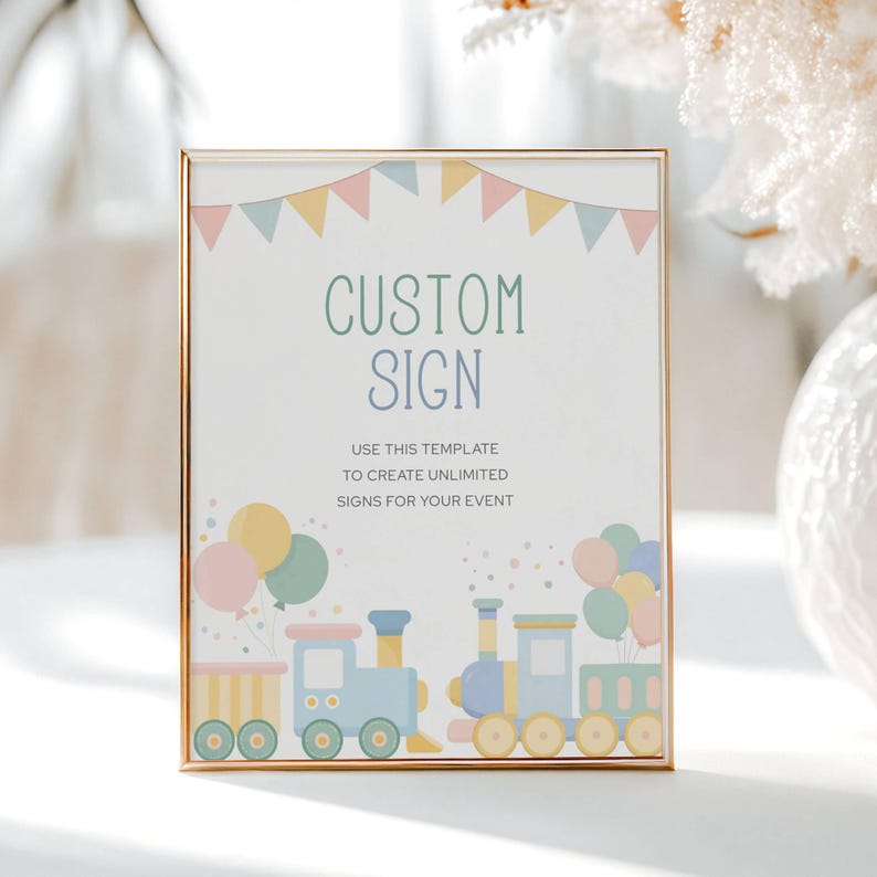 Train Birthday Table Sign, Editable Custom Party Sign Template, Pastel ...