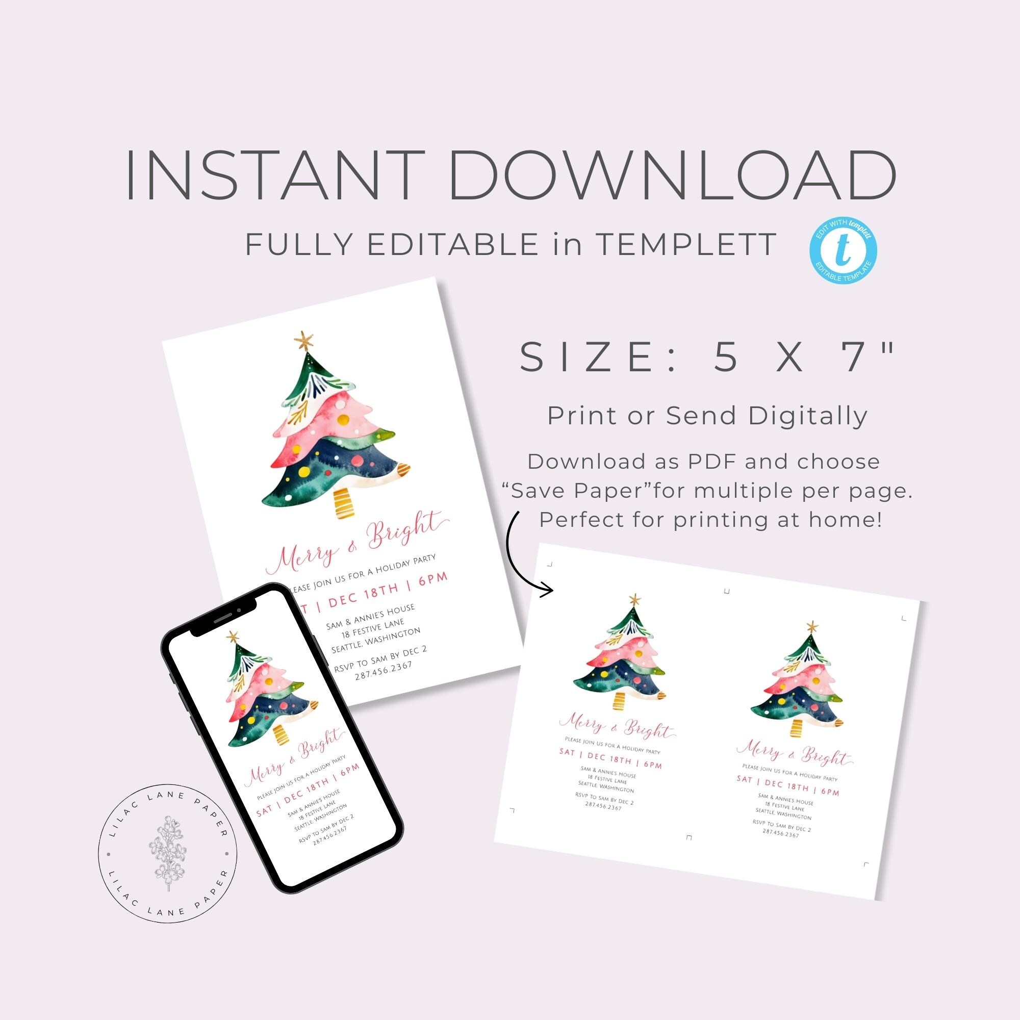 Pink Christmas Party, Merry and Bright Minimalist Invite Editable ...