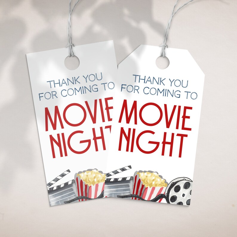 Movie Night Gift Tags Editable, Movie Party Favor Tag, Thank You Tag ...