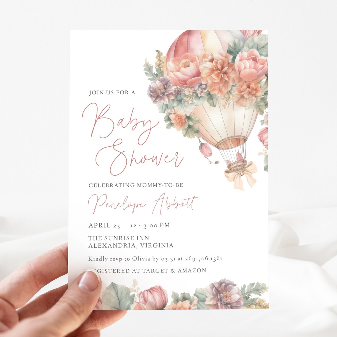 Pink Hot Air Balloon Baby Shower Invitation Editable Template, Pink ...