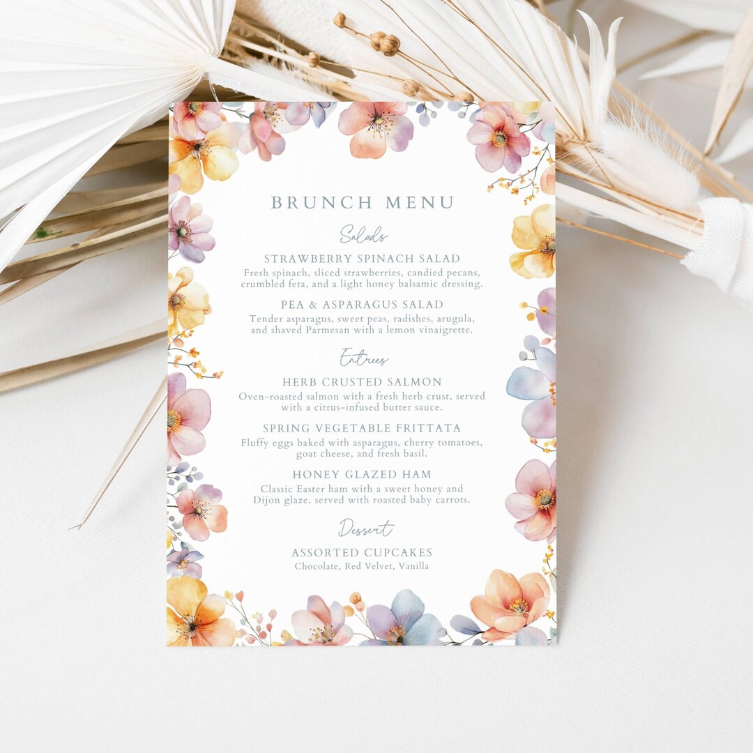 Brunch Menu Template, Editable Menu Pastel Floral, Bridal Shower, Baby ...